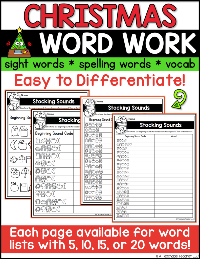 Editable Christmas Word Work - A Teachable Teacher