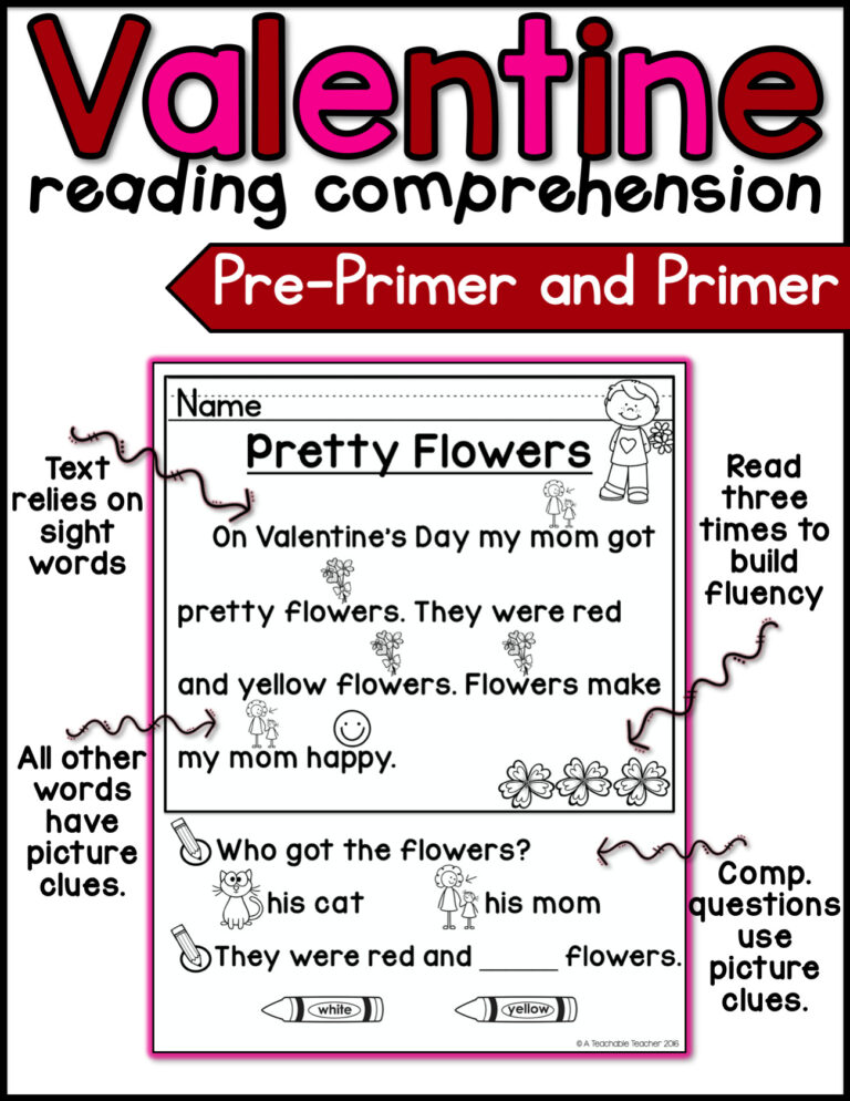Valentine Reading Comprehension - Pre-Primer and Primer - Kindergarten ...