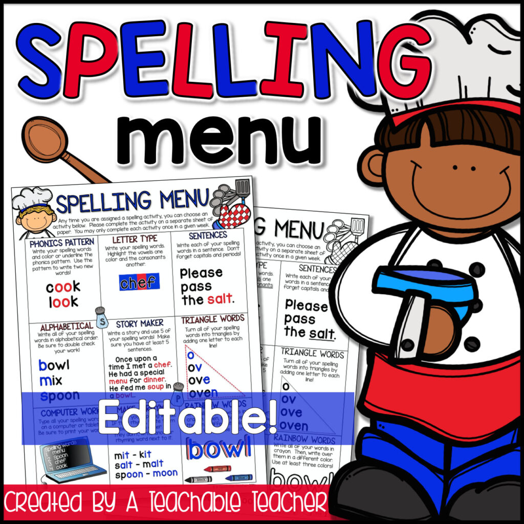Editable Spelling Menu - A Teachable Teacher