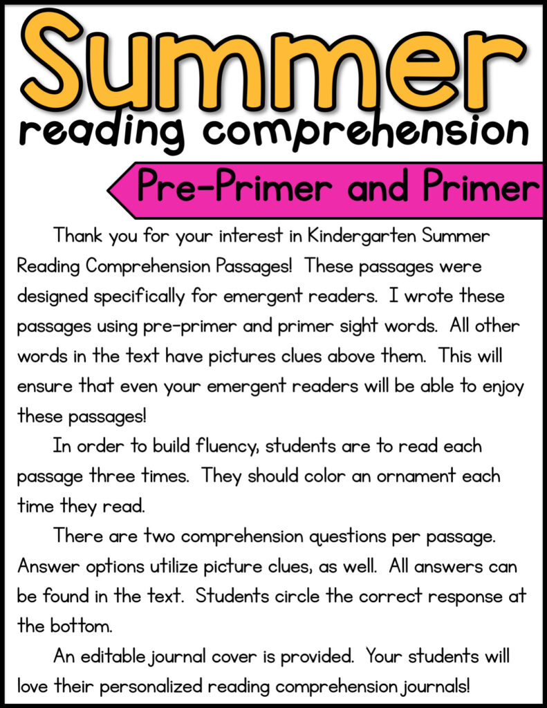 Summer Reading Comprehension - Pre-Primer and Primer - Kindergarten - A ...