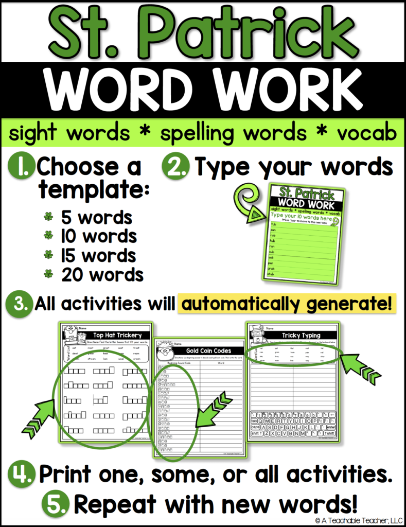 Editable St. Patrick Word Work - A Teachable Teacher