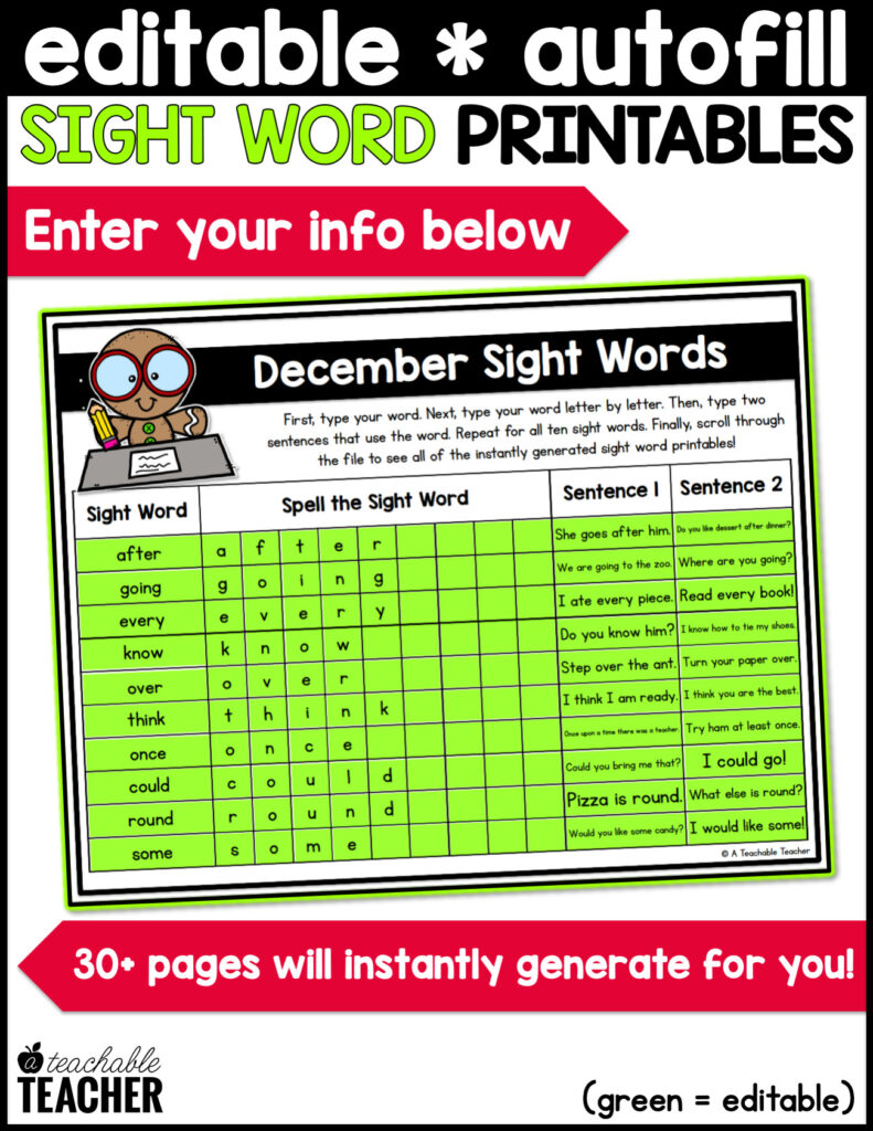 Editable Sight Word Printables - December - A Teachable Teacher