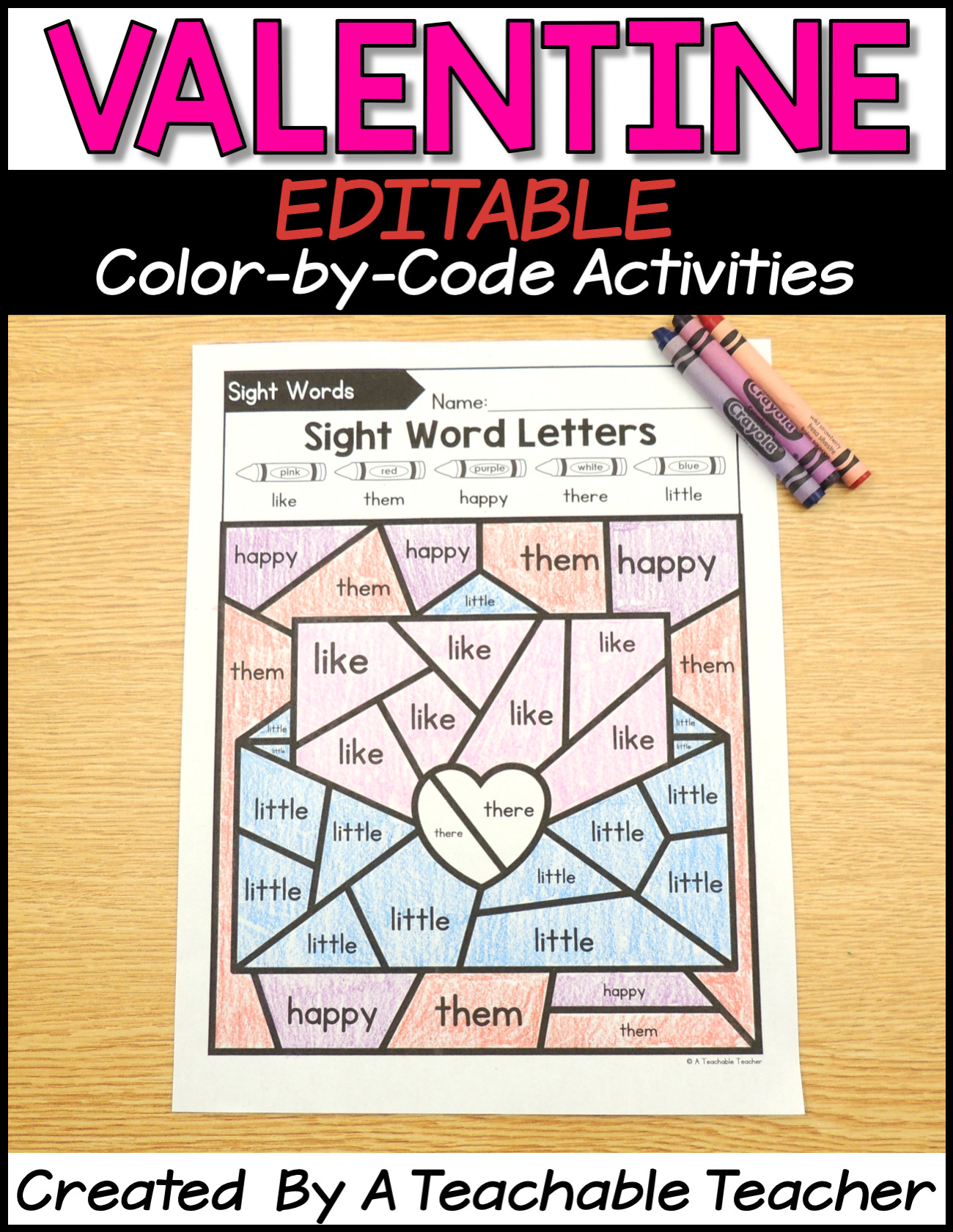 Editable Valentines Day Color-by-Code Activities - A Teachable Teacher
