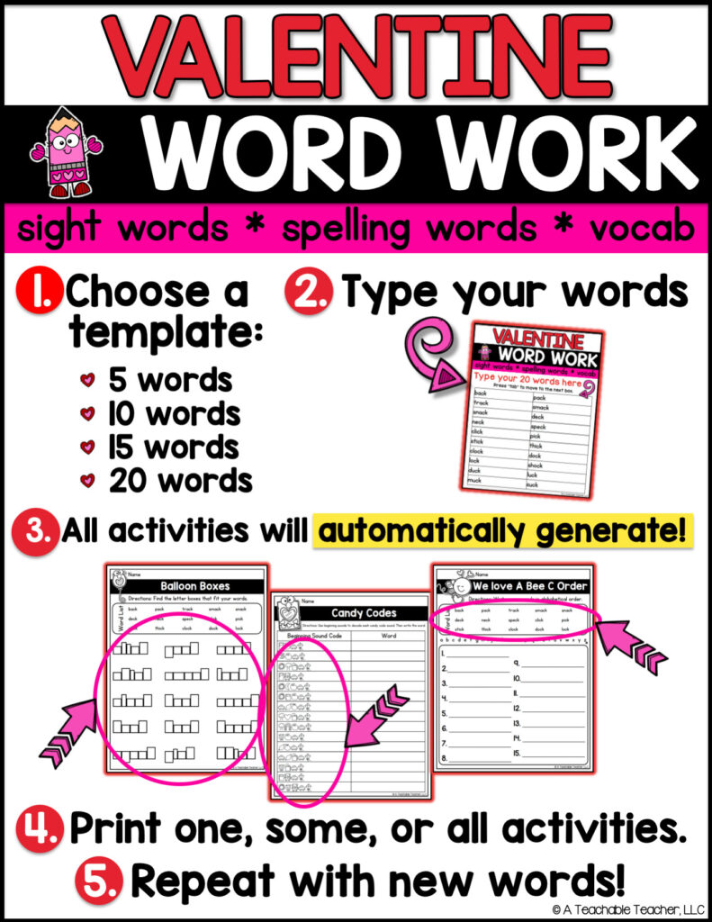 Editable Valentine Word Work - A Teachable Teacher