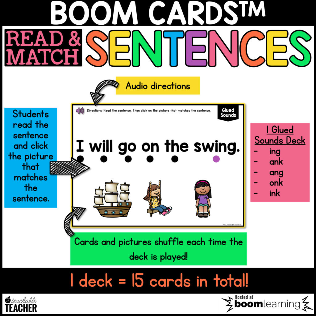 Glued Sounds Sentence Read and Match Boom Cards™ - A Teachable Teacher