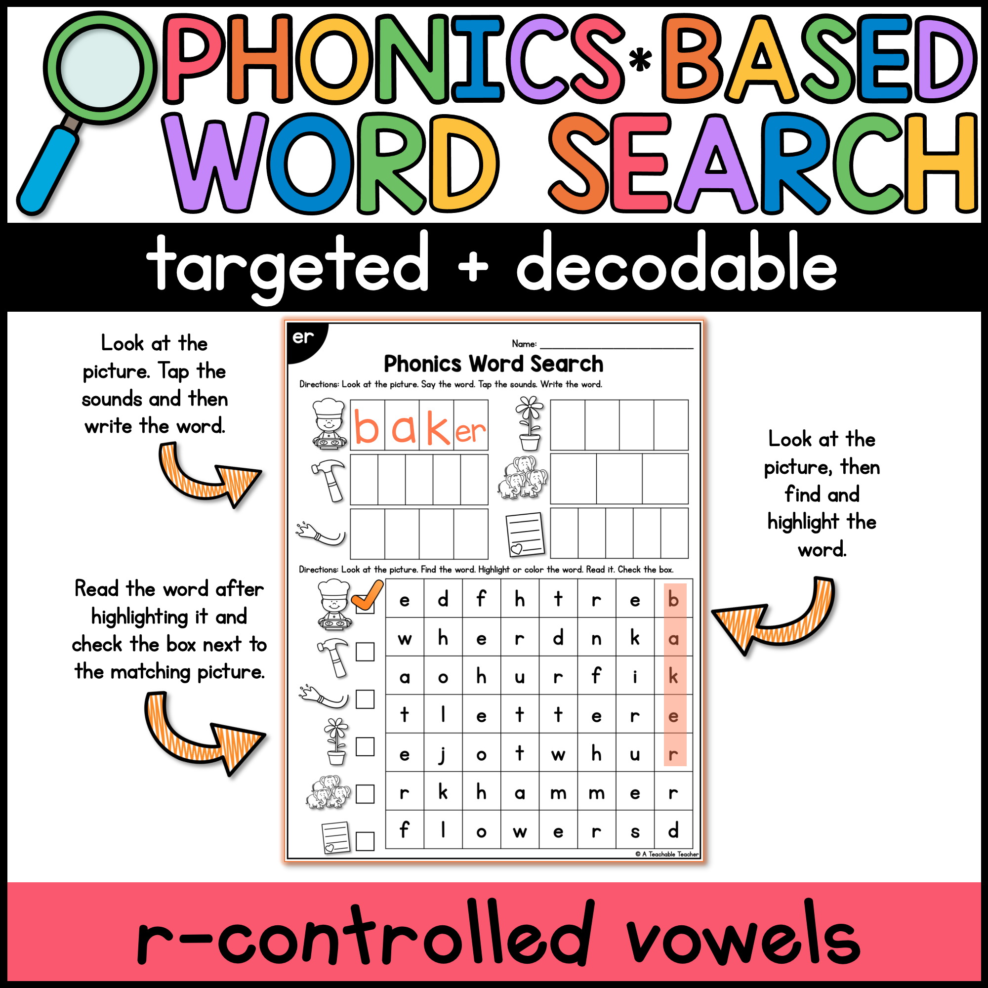R-Controlled Vowels Worksheets Phonics Word Search: Write & Find Words ...