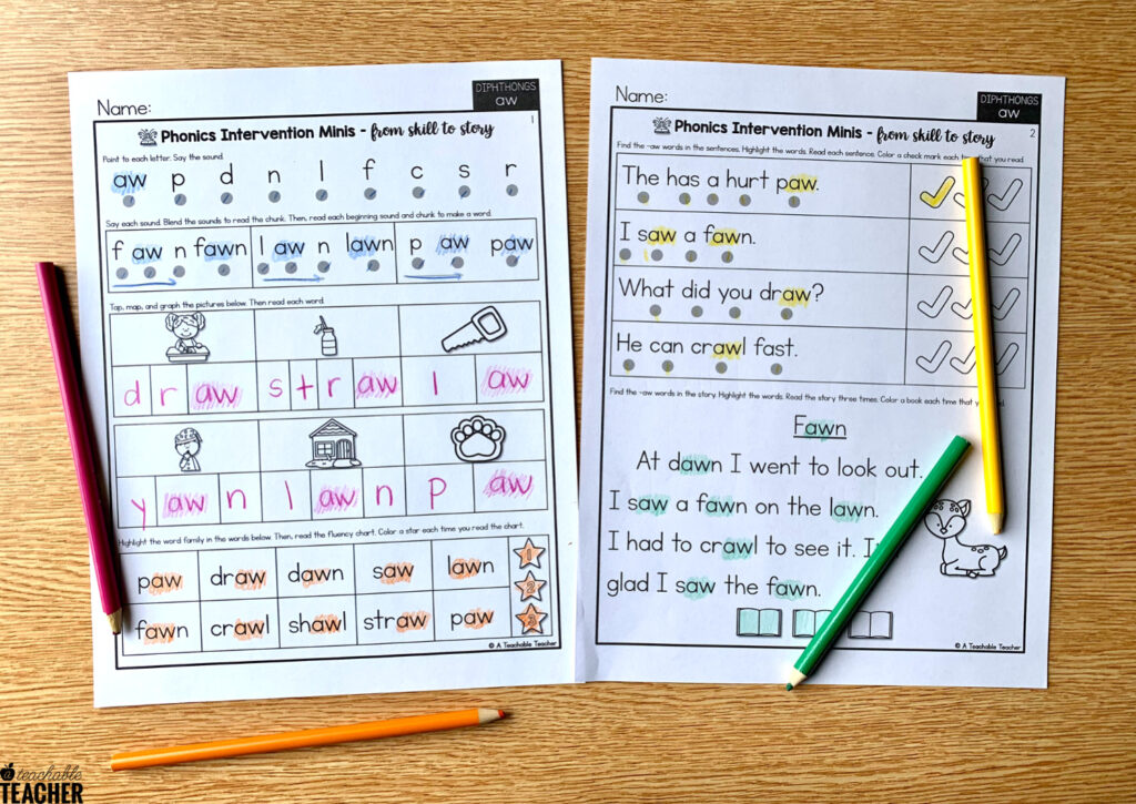 Diphthong Words- Worksheets for Reading Intervention - A Teachable Teacher