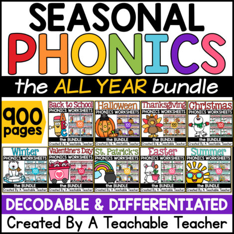 Phonics Worksheets Seasonal ALL YEAR Bundle - A Teachable Teacher