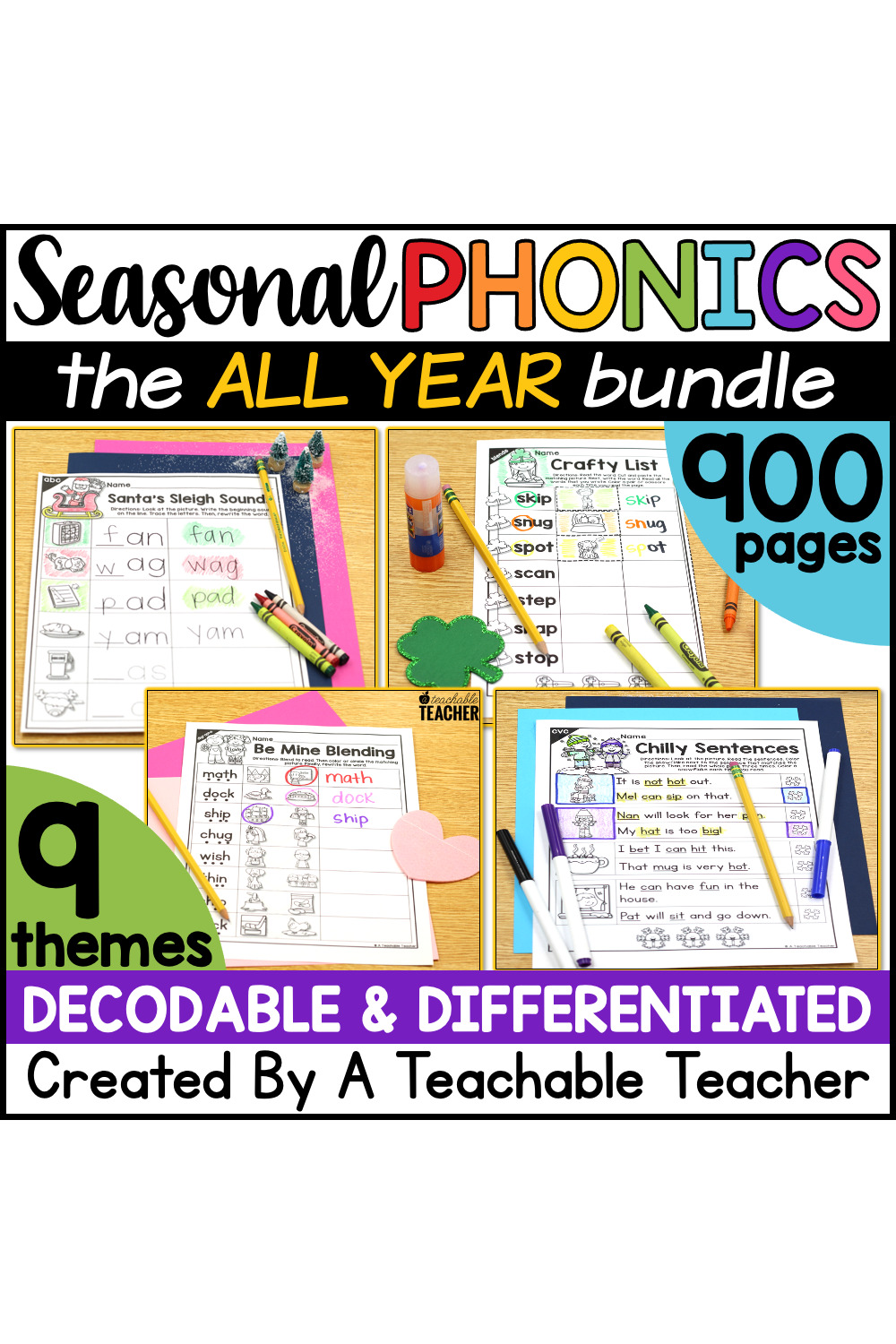 Phonics Worksheets Seasonal ALL YEAR Bundle - A Teachable Teacher